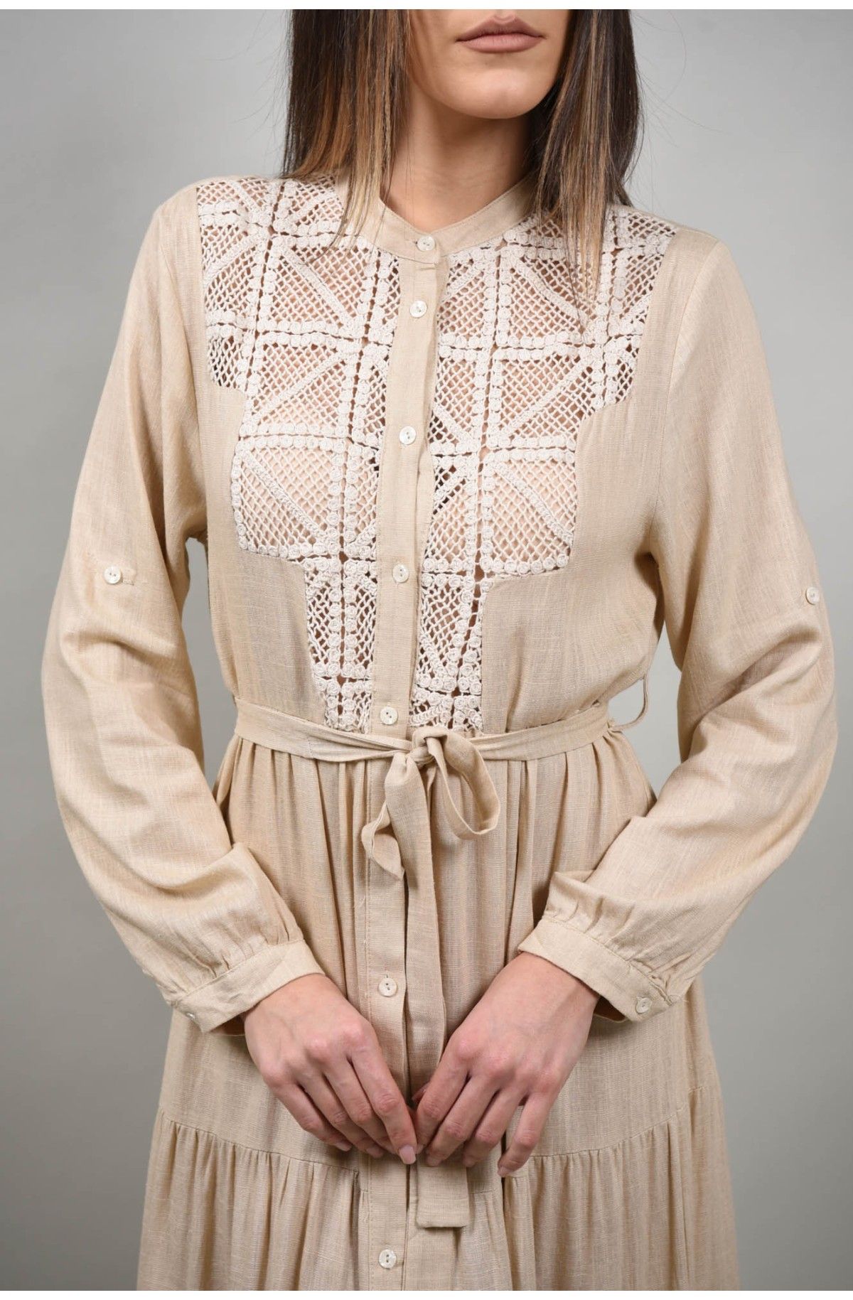 Rochie Boho Chic lunga tip camasa cu broderie Monti